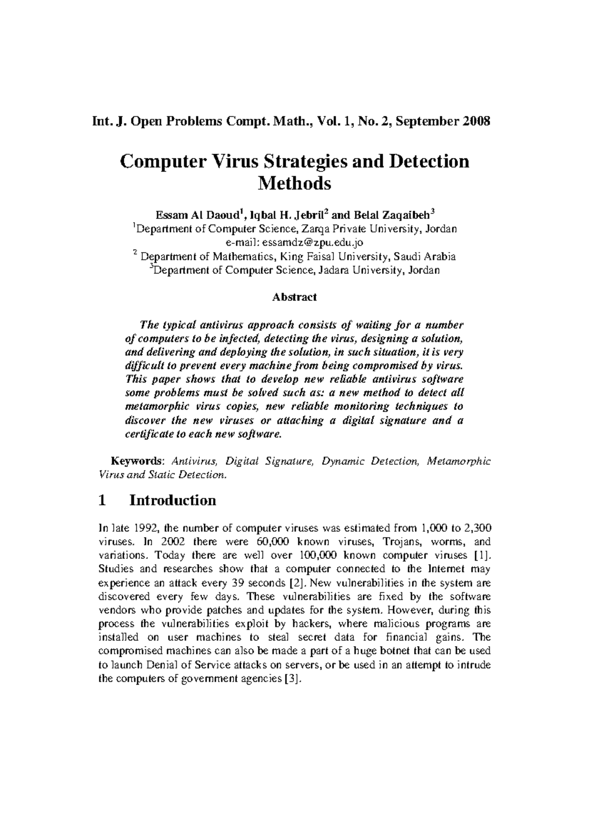 Computer Virus Strategies and Detection - Int. J. Open Problems Compt ...