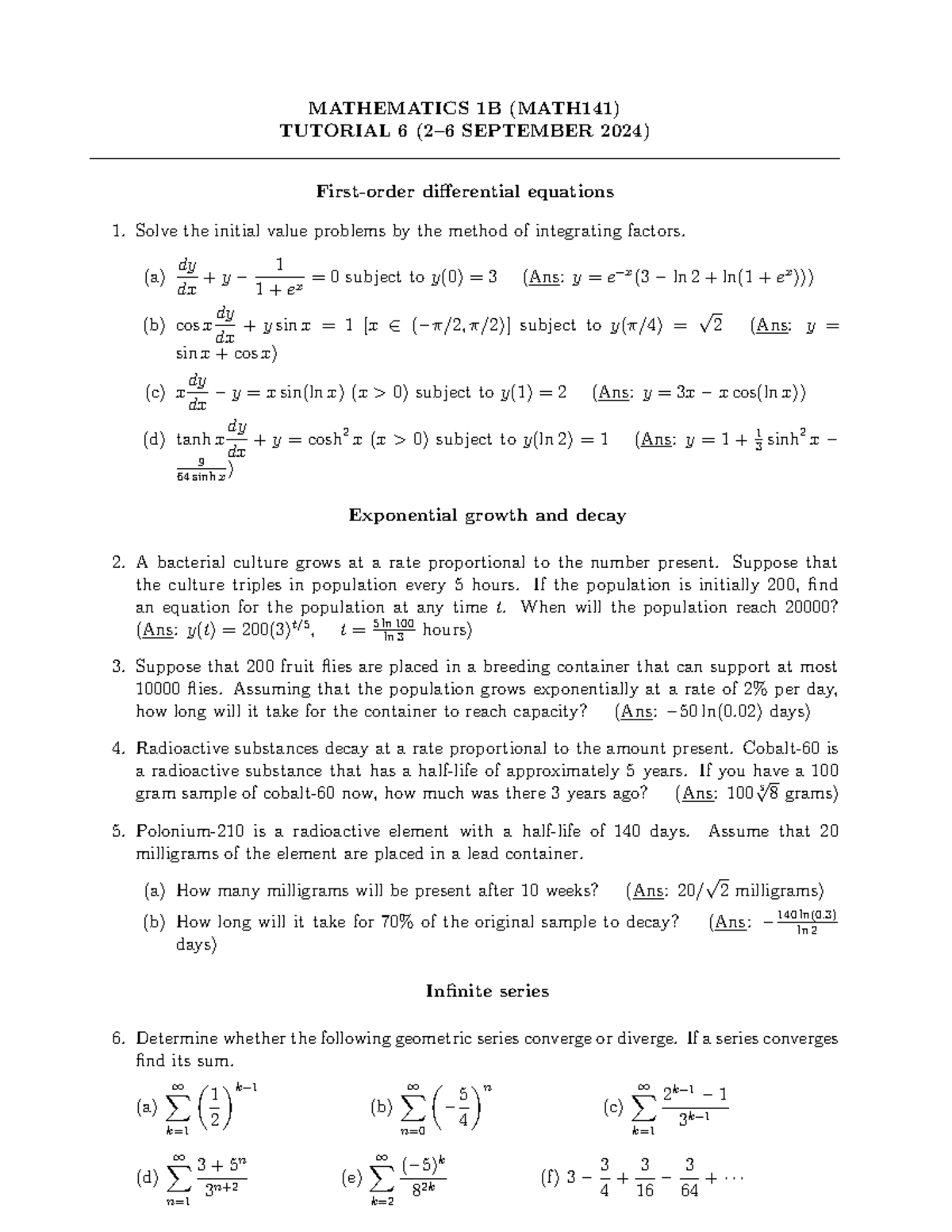 Tutorial 6 - practise problems - MATHEMATICS 1B (MATH141) TUTORIAL 6 (2–6 SEPTEMBER 2024) - Studocu