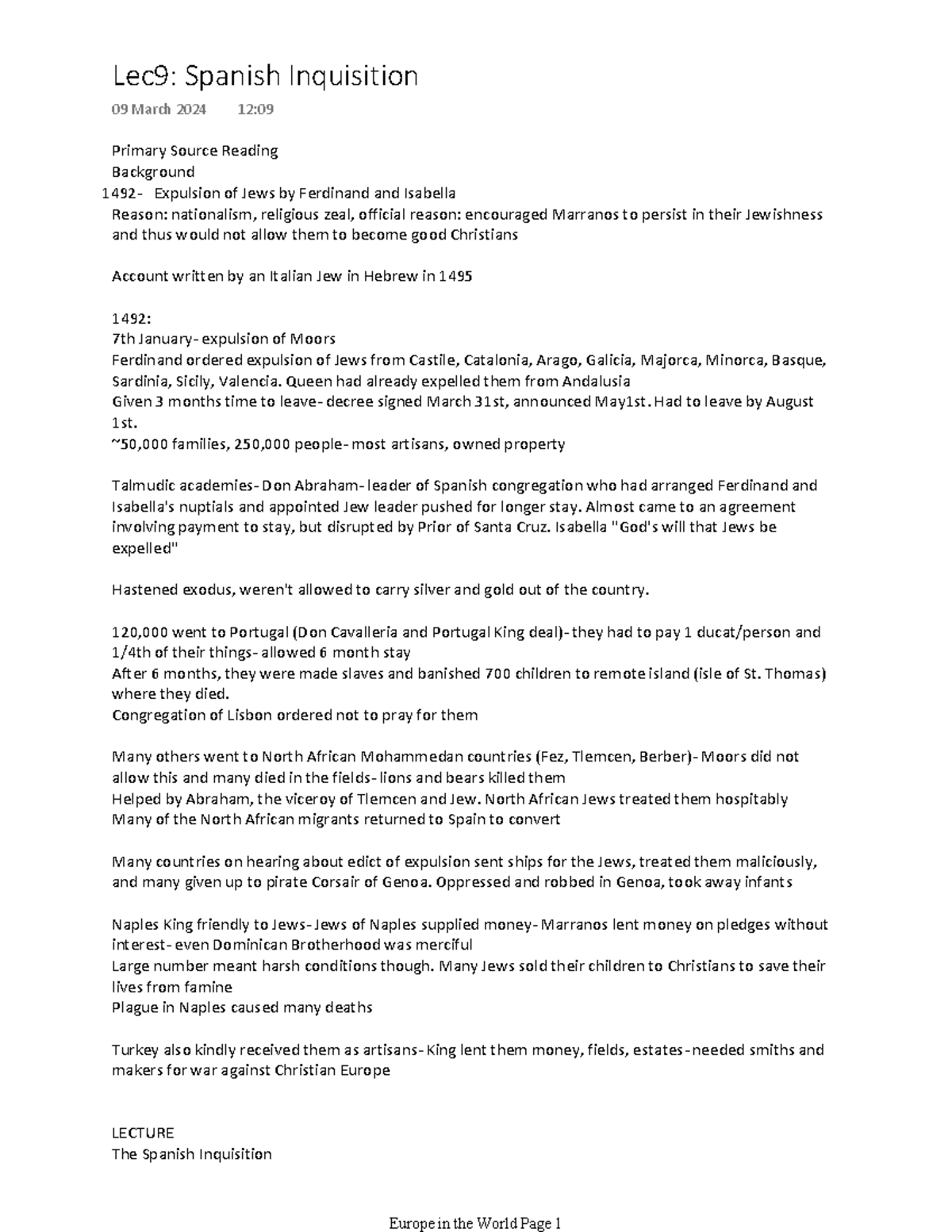 Spanish inquisition - Lecture notes from class - Primary Source Reading ...