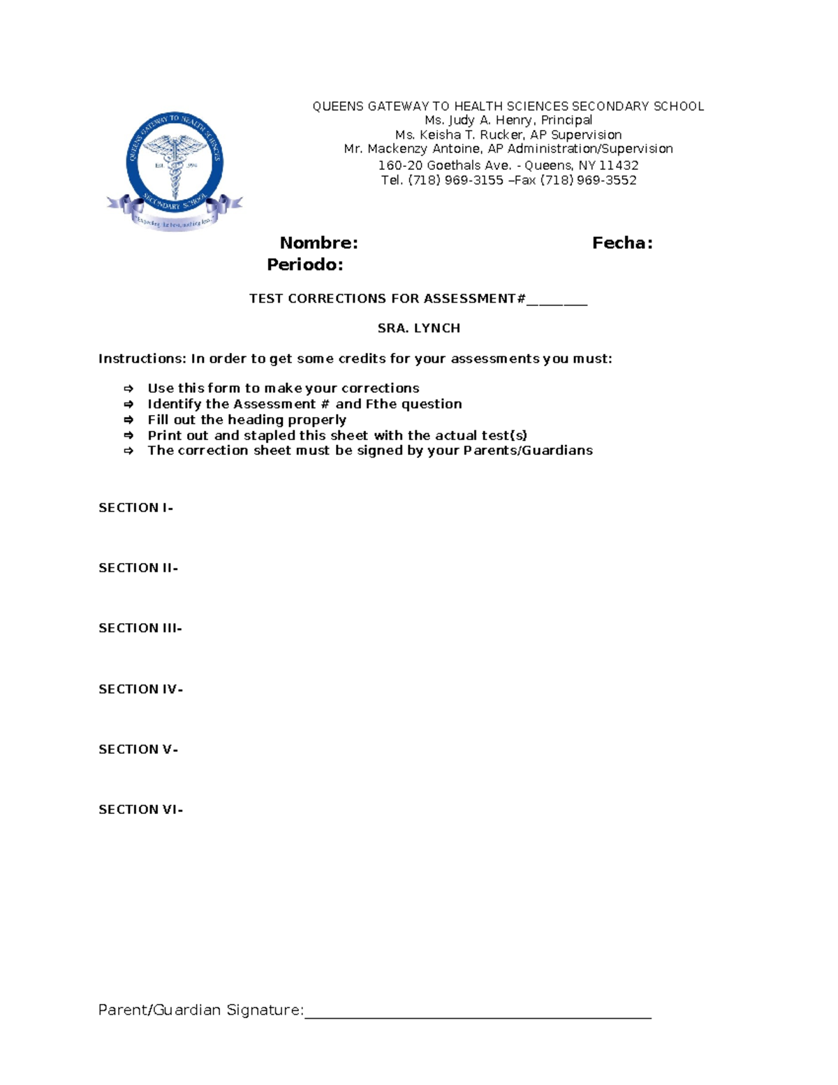 TEST Corrections FORM - QUEENS GATEWAY TO HEALTH SCIENCES SECONDARY ...