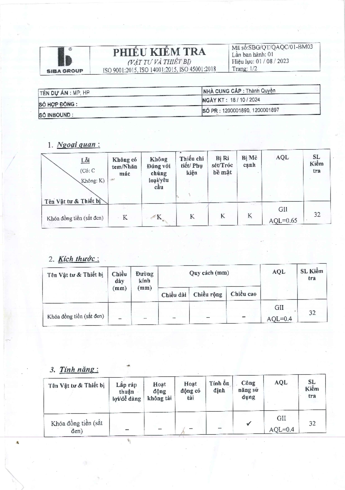 Phiếu KT NCC Thành Quyền 18 - R PHIÉU KIÉM TRA Mã Lan ban hanh: 01 (VAT TU VA THIÉT BI) Hieu luc ...