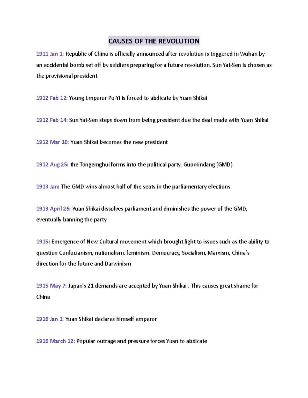 Chinese revoloution timeline - CAUSES OF THE REVOLUTION 1911 Jan 1 ...