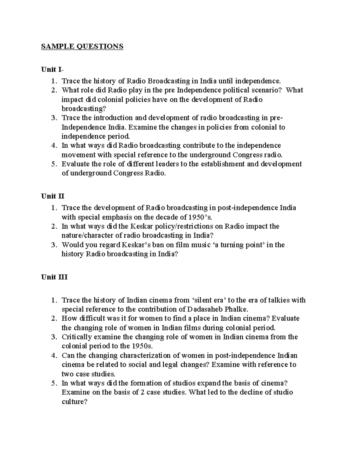 Sample Questions - SAMPLE QUESTIONS Unit I- 1. Trace the history of ...