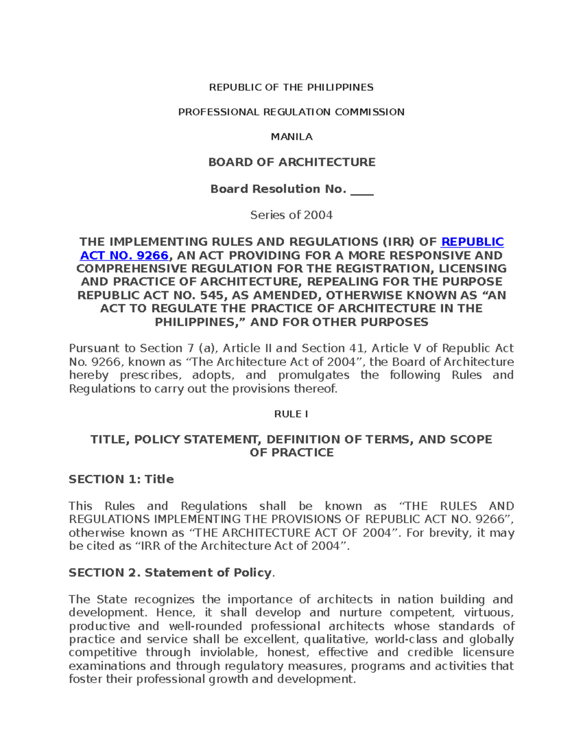 Republic OF THE Philippines - REPUBLIC OF THE PHILIPPINES PROFESSIONAL ...