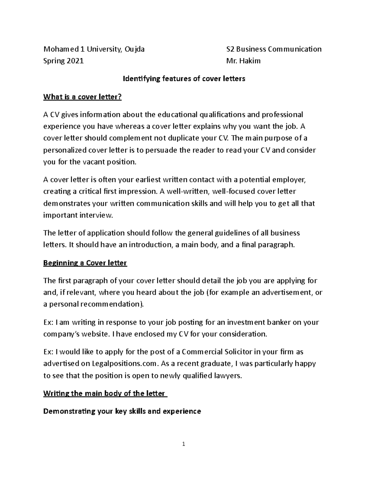 Features Of Cover Letters - Mohamed 1 University, Oujda S2 Business ...