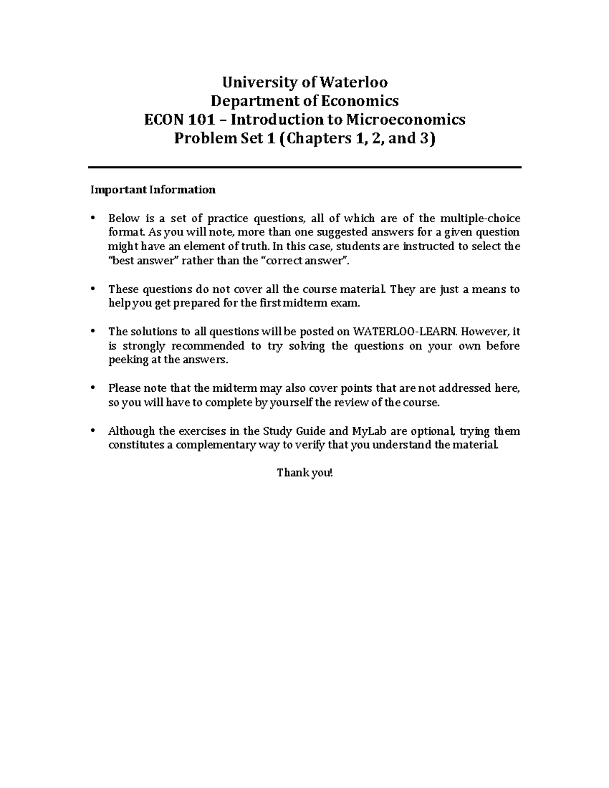 Problem Set 1 - University of Waterloo Department of Economics ECON 101 ...