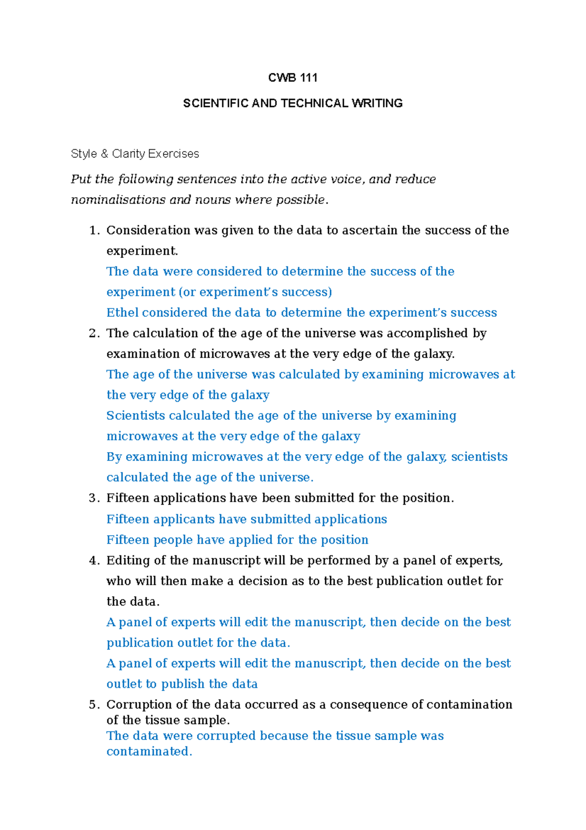 Style Exercises Suggested Answers - CWB 111 SCIENTIFIC AND TECHNICAL ...