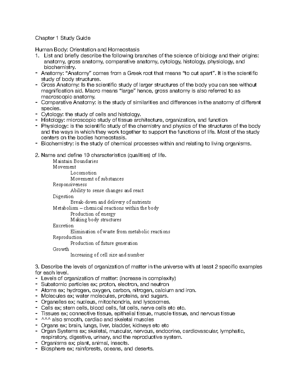 AP Chapter 1 Study Guide - Chapter 1 Study Guide Human Body: Orientation and Homeostasis List ...