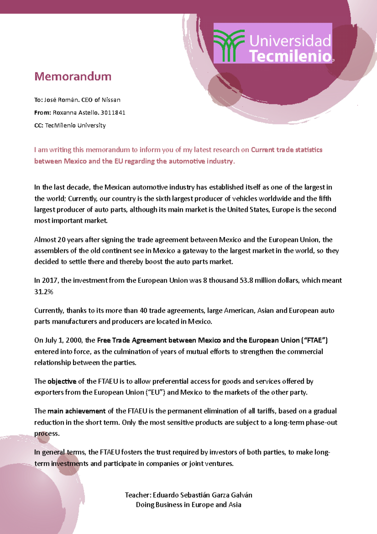 Assignment 1. Doing Business in Europe and Asia - Memorandum To: José ...