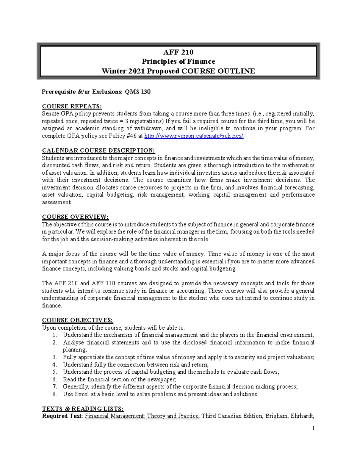 Aff 210 course outline 2021 - 1 AFF 210 Principles of Finance Winter ...