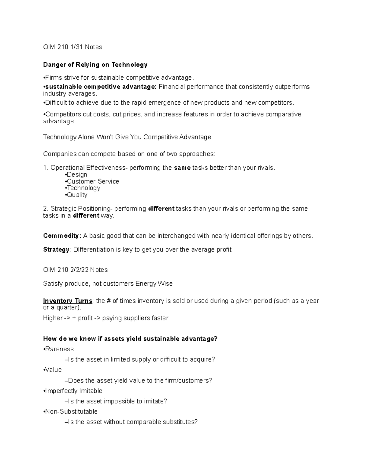 OIM 210 - Class Notes, Received an A in the class - OIM 210 1/31 Notes ...