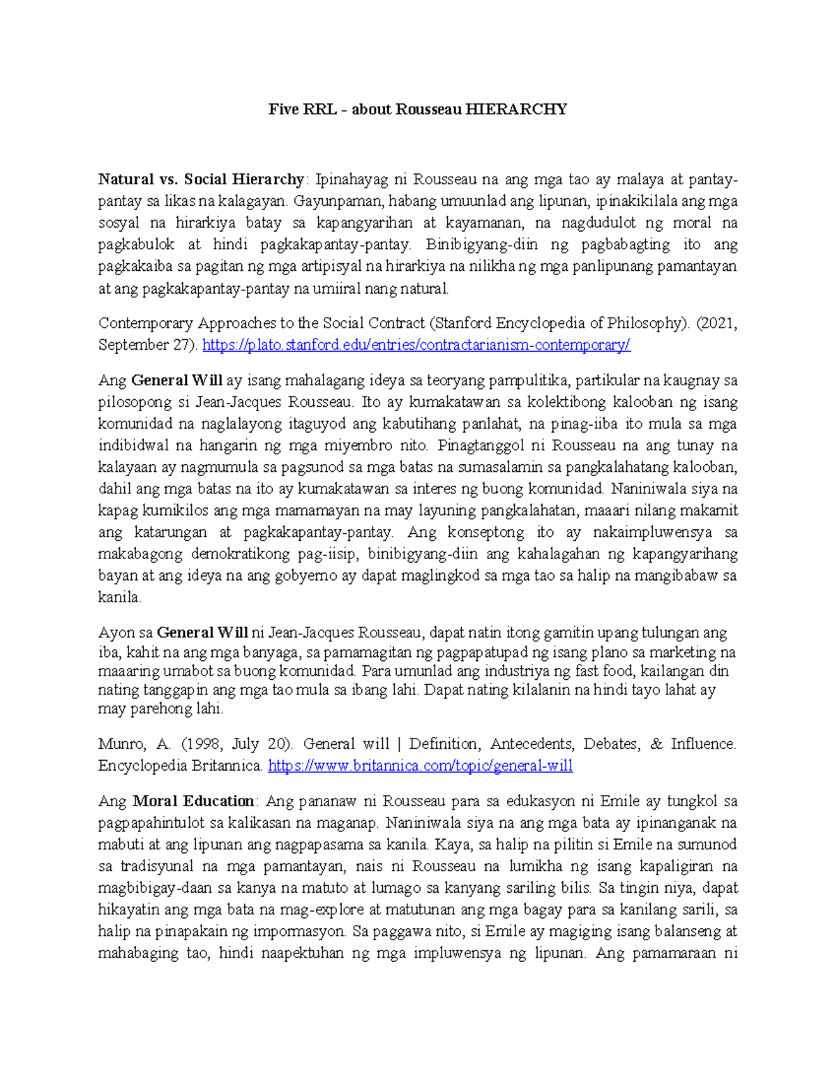 Five RRL - about Rousseau Hierarchy - Five RRL - about Rousseau HIERARCHY Natural vs. Social ...