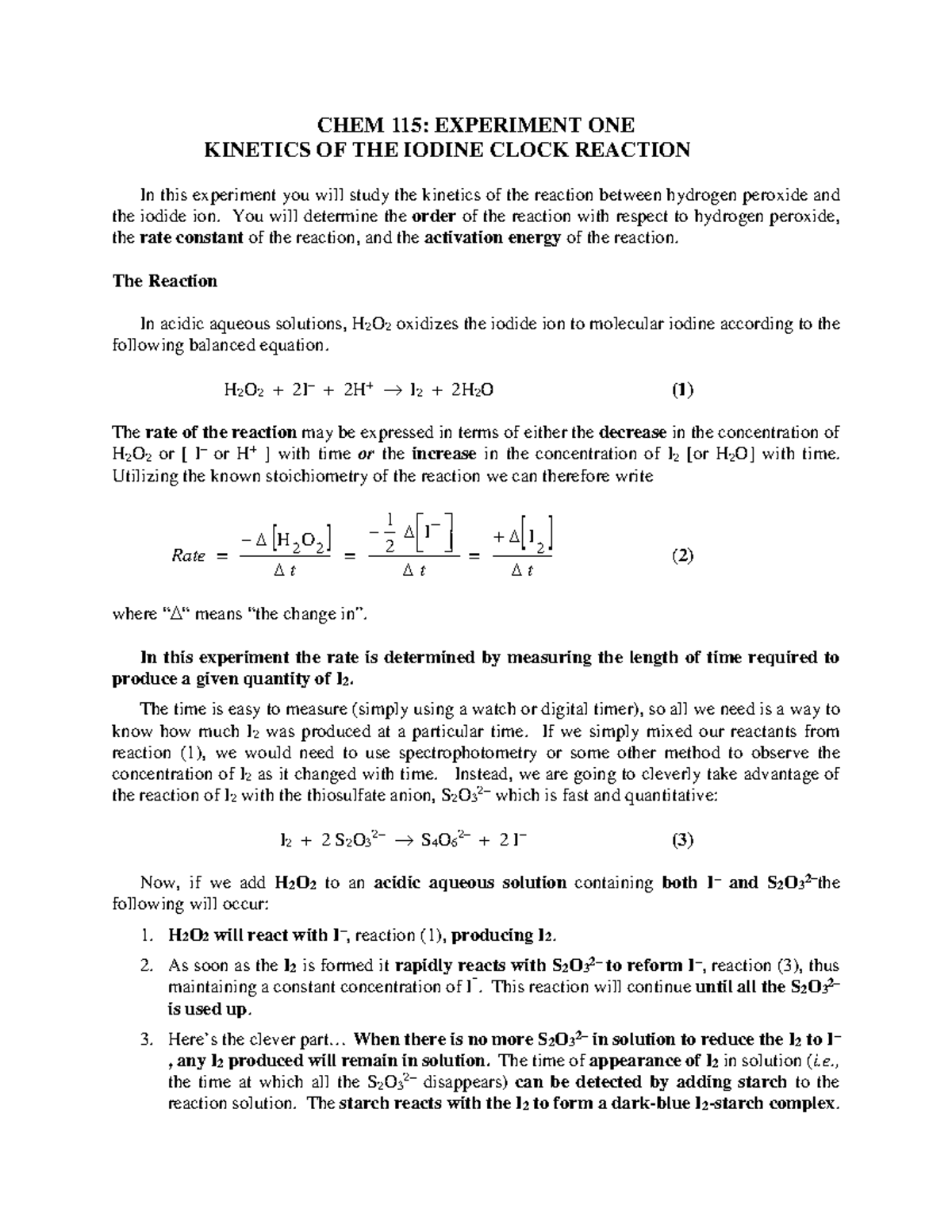 Lab 1 - Kinetics of Iodine Clock Reaction (Instructions + Graph Paper ...
