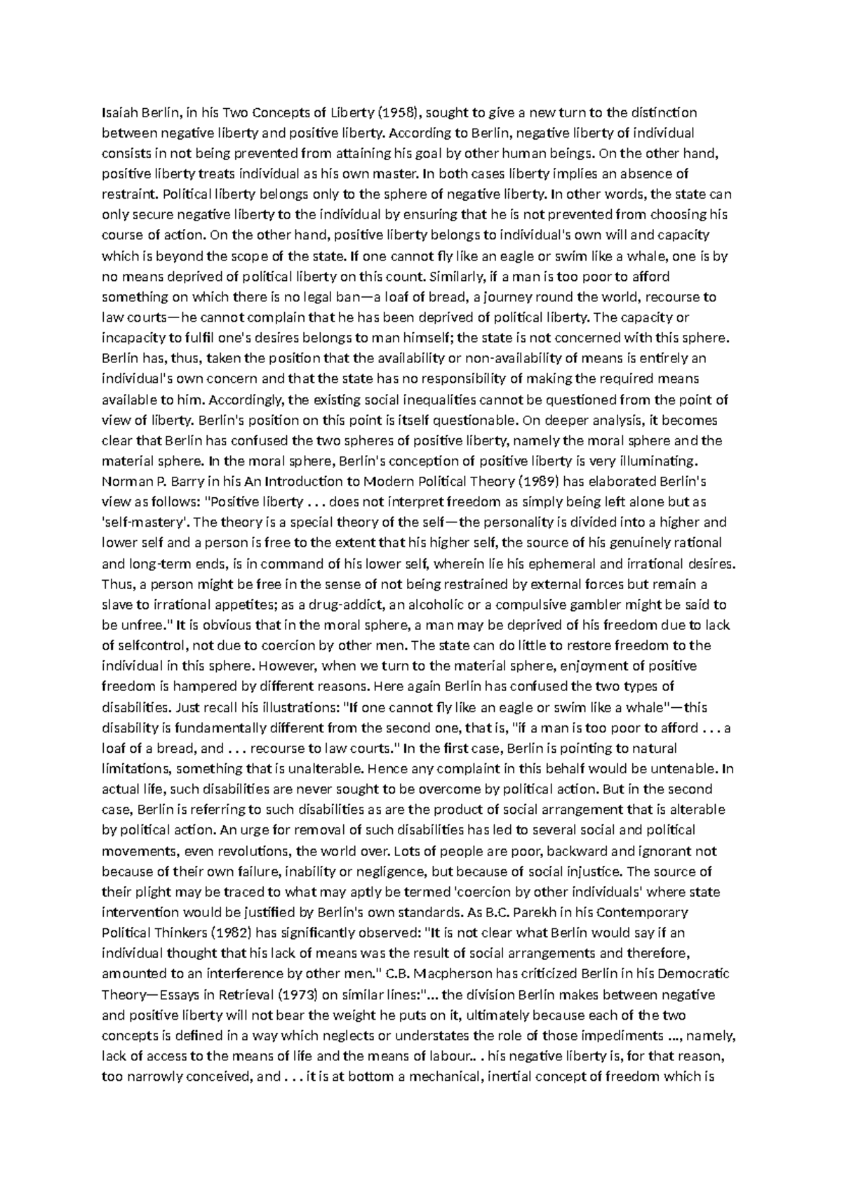 Berlin views on positive and negative liberty - Isaiah Berlin, in his ...