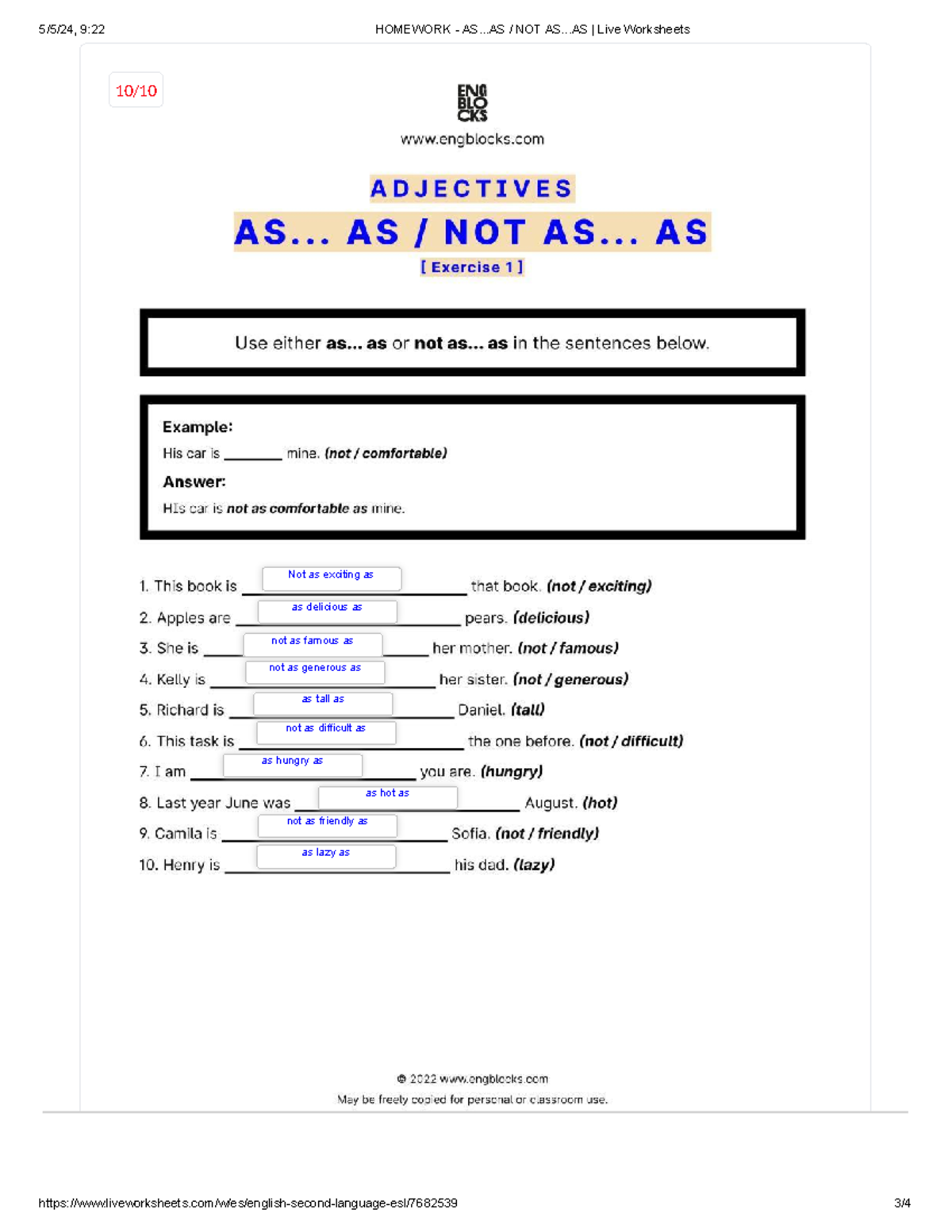 Homework - AS...AS NOT AS...AS Live Worksheets - Ingles II - Not as ...