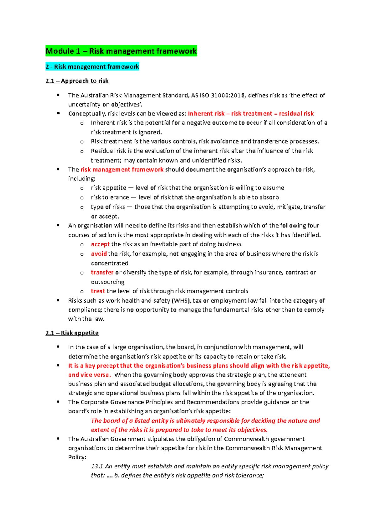 Notes - Module 1 – Risk management framework 2 - Risk management ...