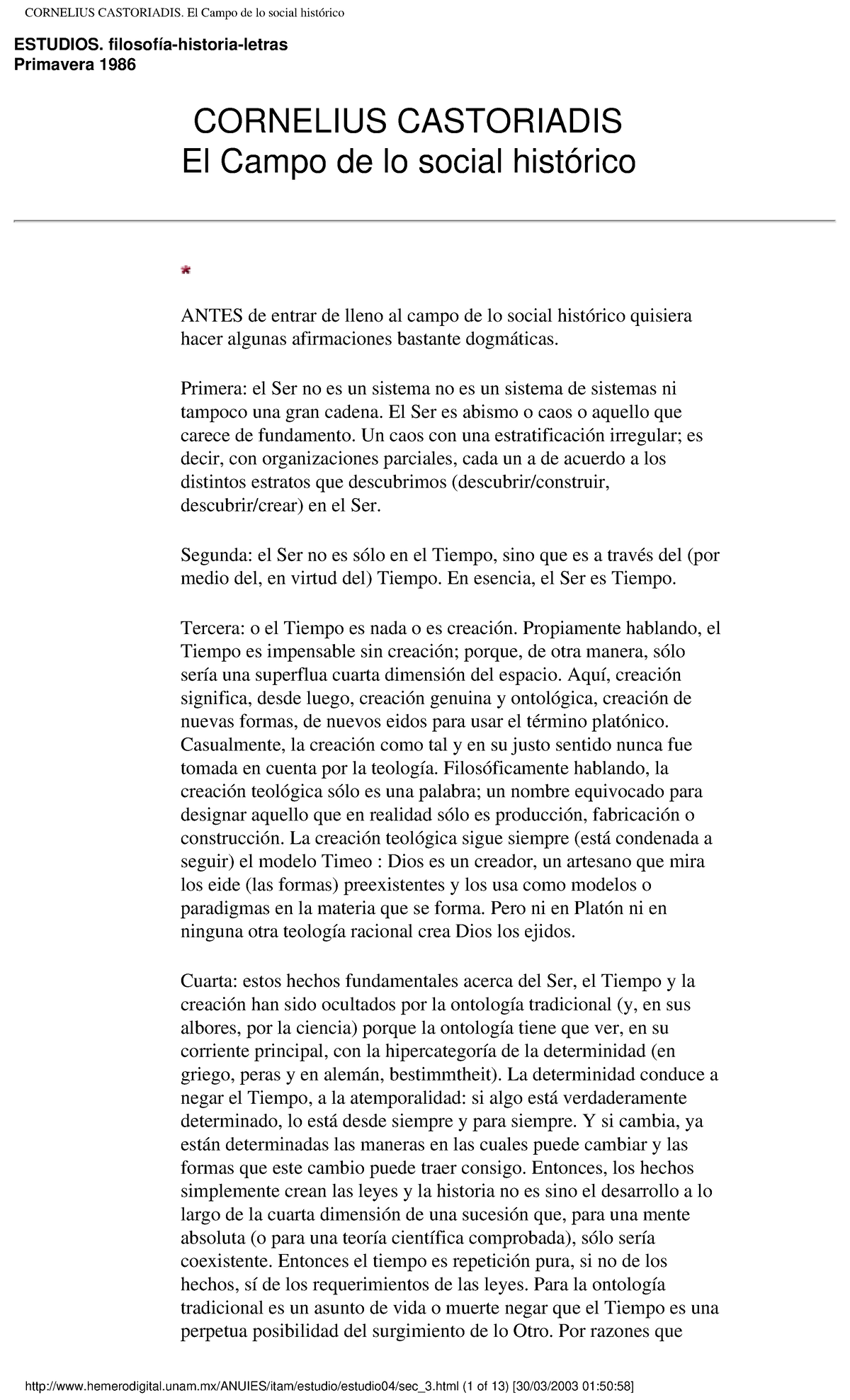 El Campo de lo social histórico - ESTUDIOS. filosofía-historia-letras ...