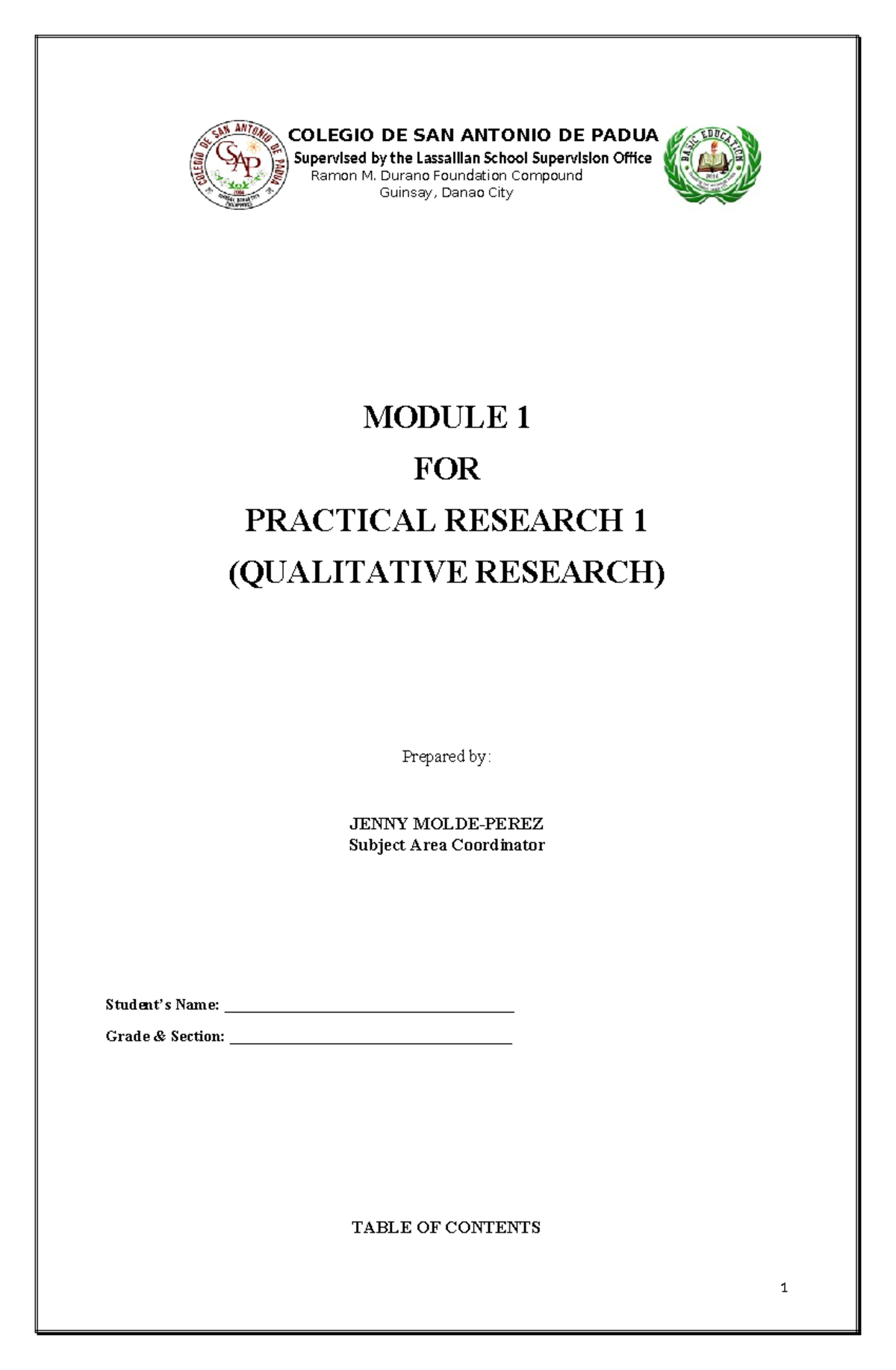 Module in Prac 1 - COLEGIO DE SAN ANTONIO DE PADUA Supervised by the Lassallian School ...