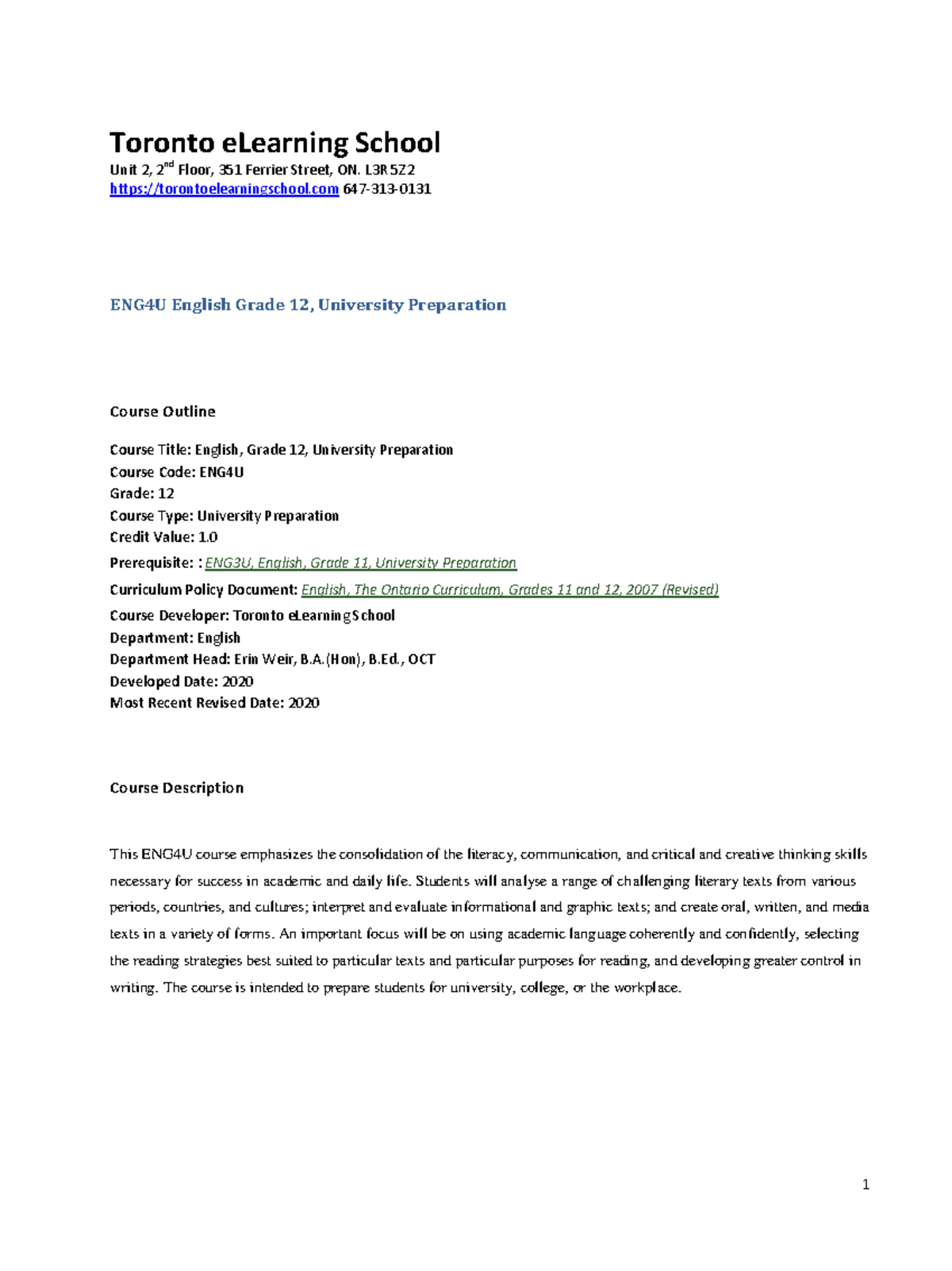 ENG4U - Outline. - Toronto eLearning School Unit 2, 2nd Floor, 351 ...