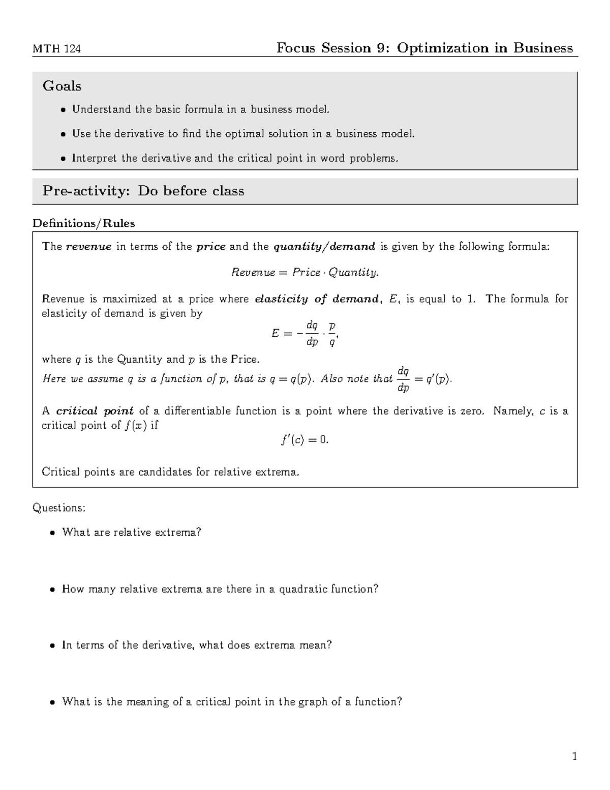 Focus Session 9 FS21 - Goals Understand the basic formula in a business ...