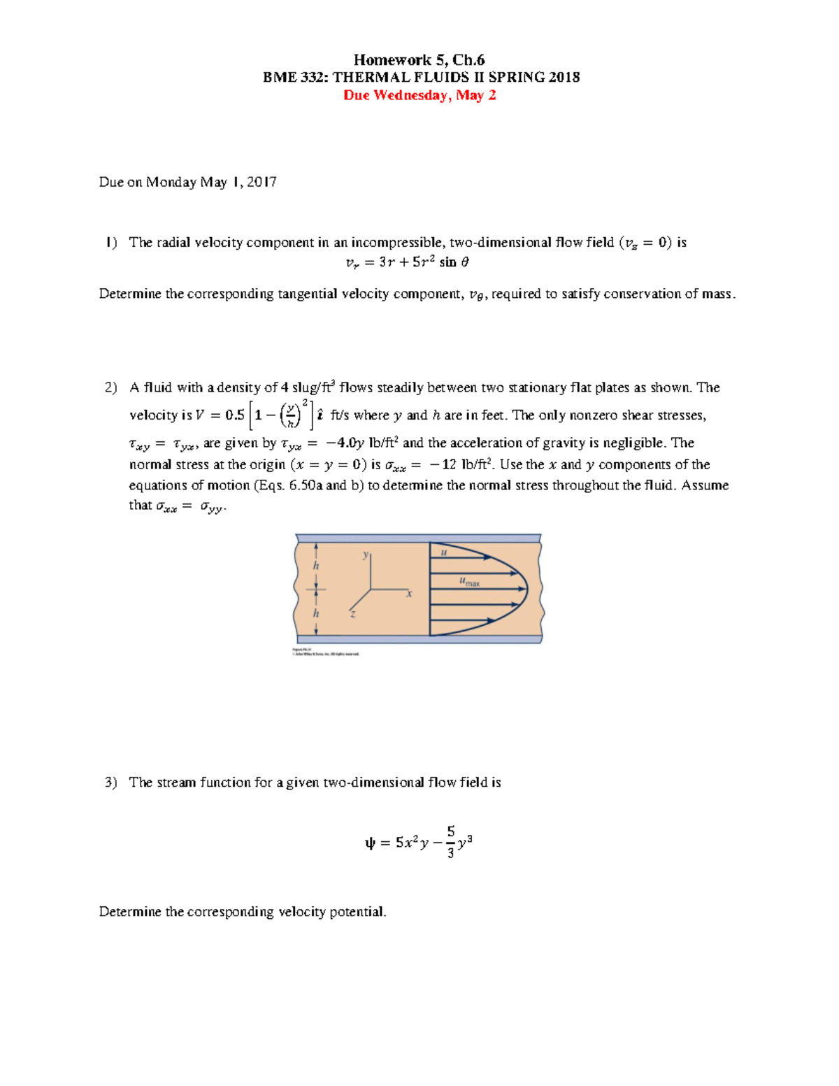 HW5Ch6 - HW1Ch1 - Homework 5, Ch. BME 332: THERMAL FLUIDS II SPRING ...