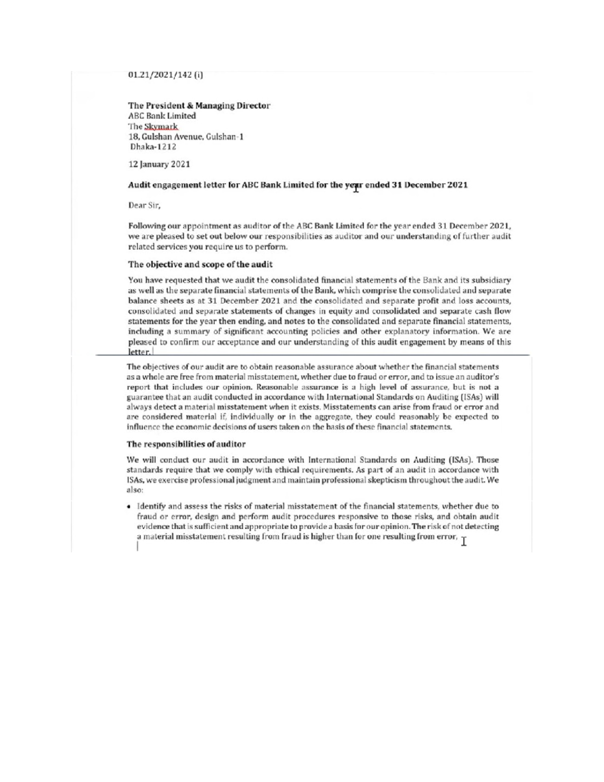 Audit Engagement Letter Assurance CL - (i) The President Managing ...