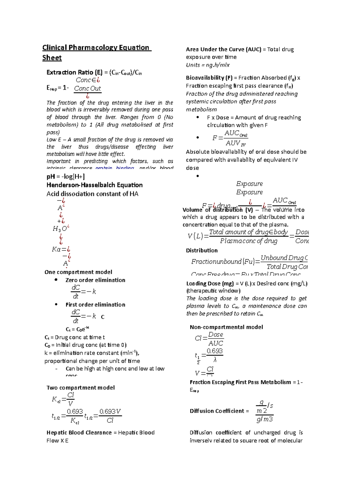 Clinical Pharmacology Equation Sheet Final - Clinical Pharmacology ...