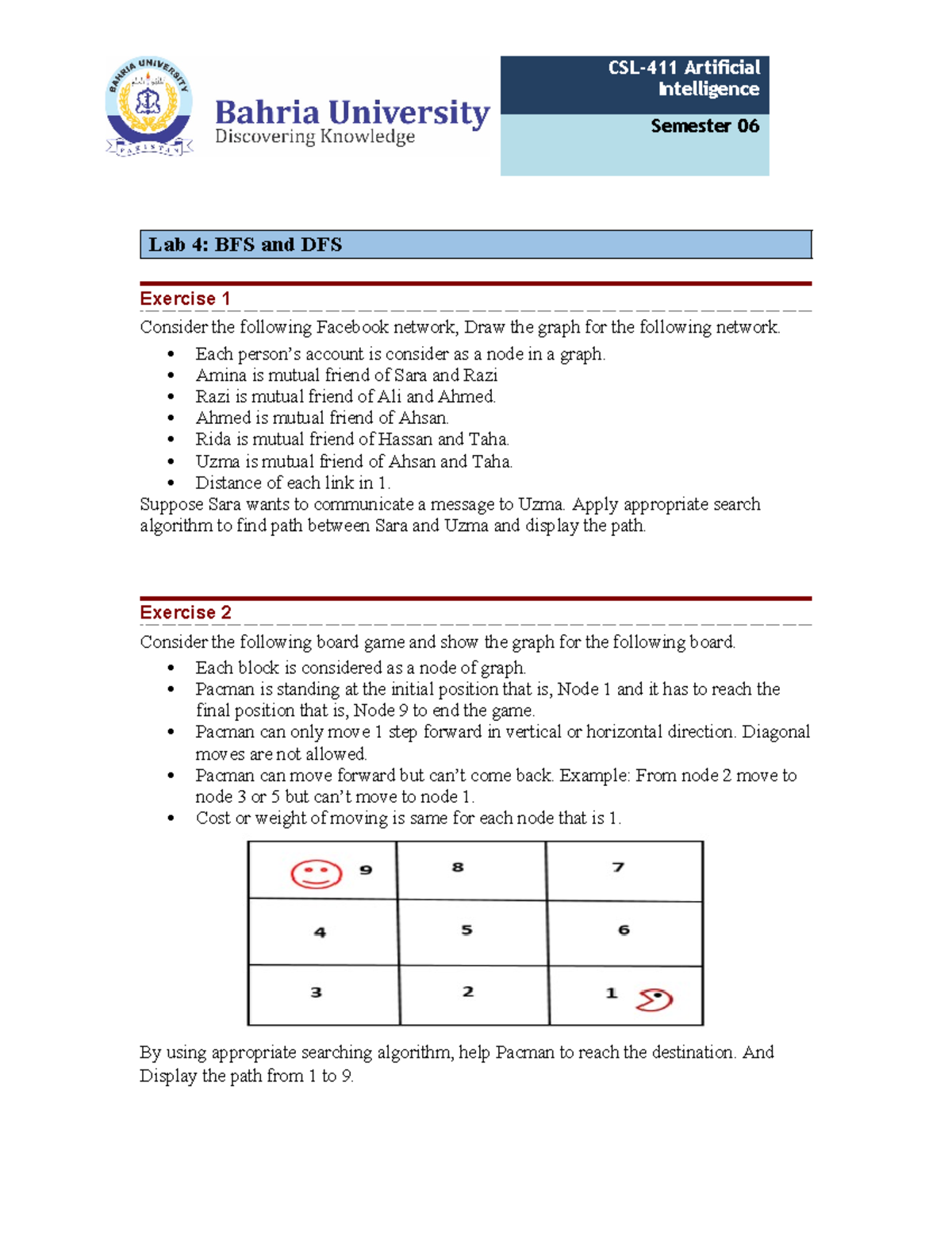 AI lab 4 - CSL-411 Artificial Intelligence Semester 06 Lab 4: BFS and DFS Exercise 1 Consider ...