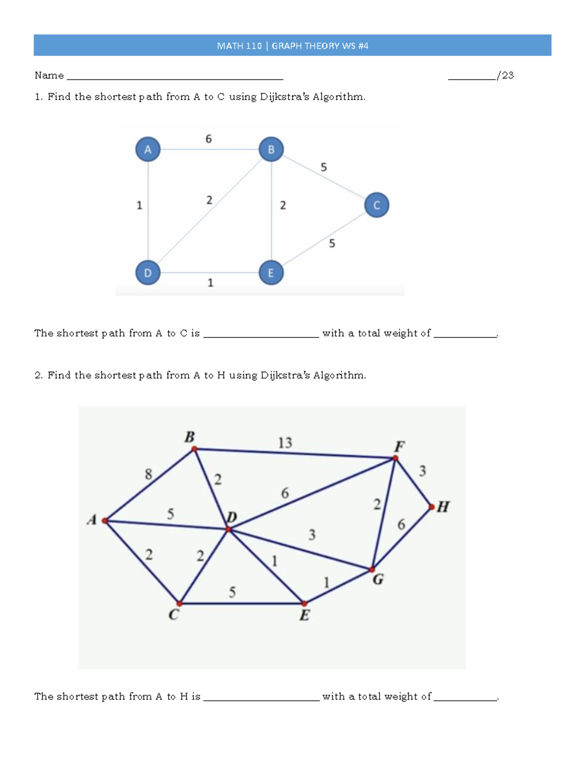 Graph Theory HW 4 - MATH 110 | GRAPH THEORY WS Name