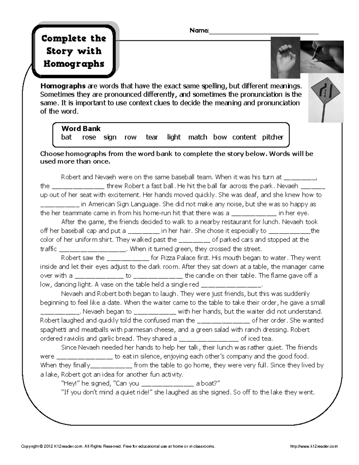 Complete the story with homographs - Complete the Story with Homographs ...