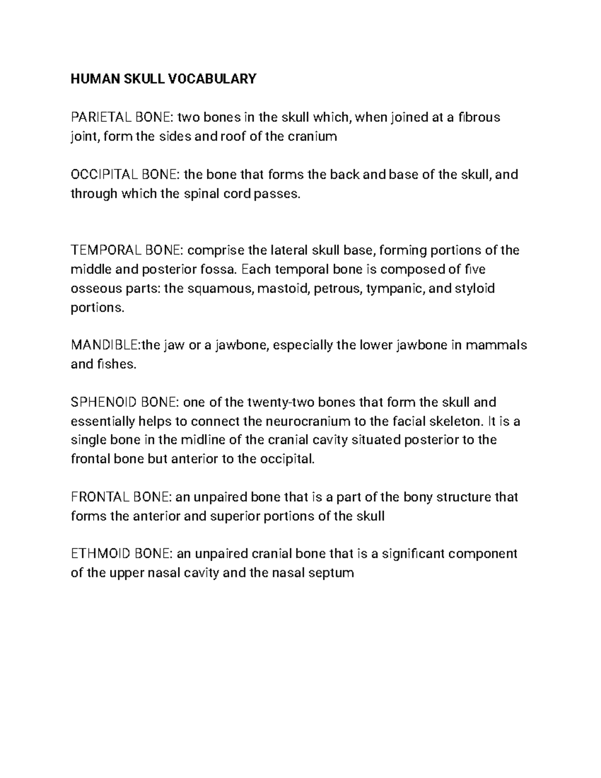Human Skull Vocabulary - HUMAN SKULL VOCABULARY PARIETAL BONE: two ...