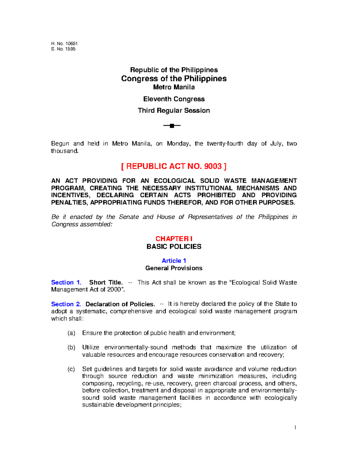 RA 9003 REPUBLIC ACT NO 9003 AN ACT PROVIDING FOR AN ECOLOGICAL