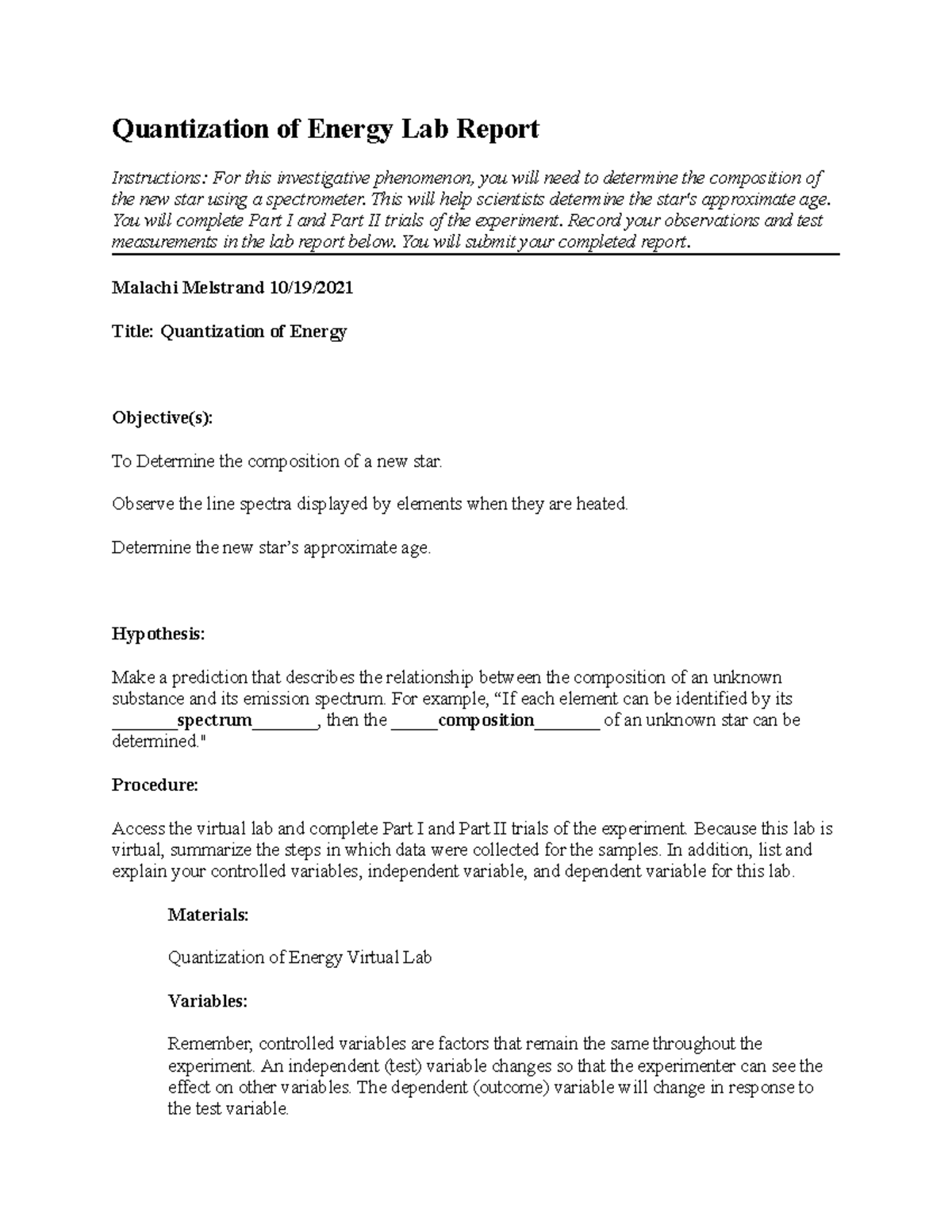 Chemistry Semester 1 Quantization of Energy Lab Report - Quantization ...