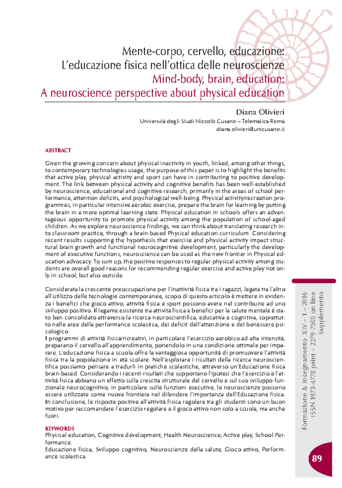 Review 1 - Mente-corpo, cervello, educazione: L’educazione fisica nell ...