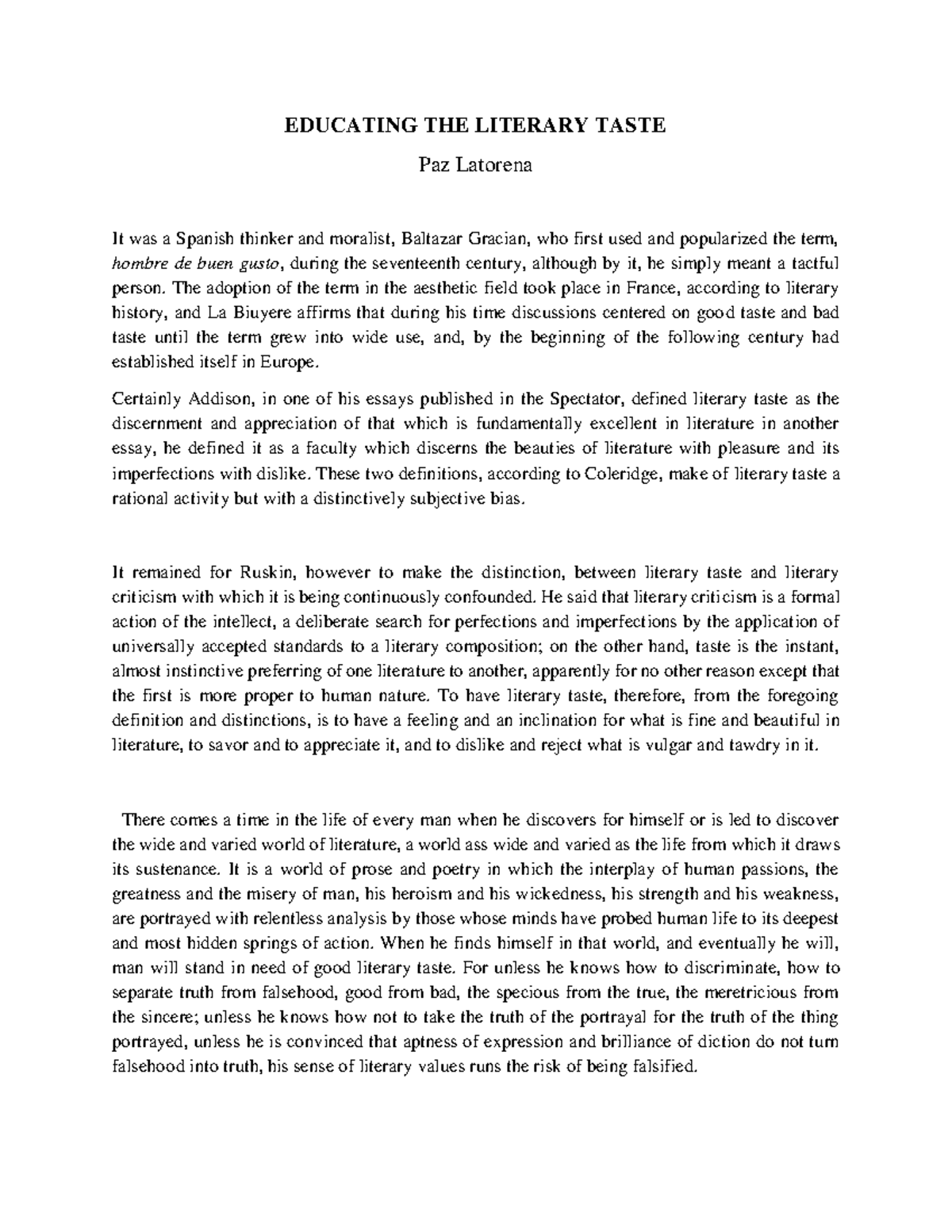 1 Educating THE Literary Taste - EDUCATING THE LITERARY TASTE Paz ...