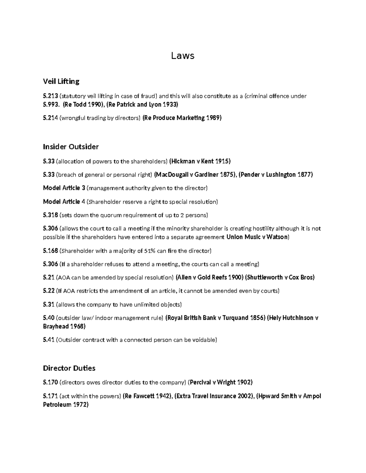 List of Laws within company law - Laws Veil Lifting S (statutory veil ...