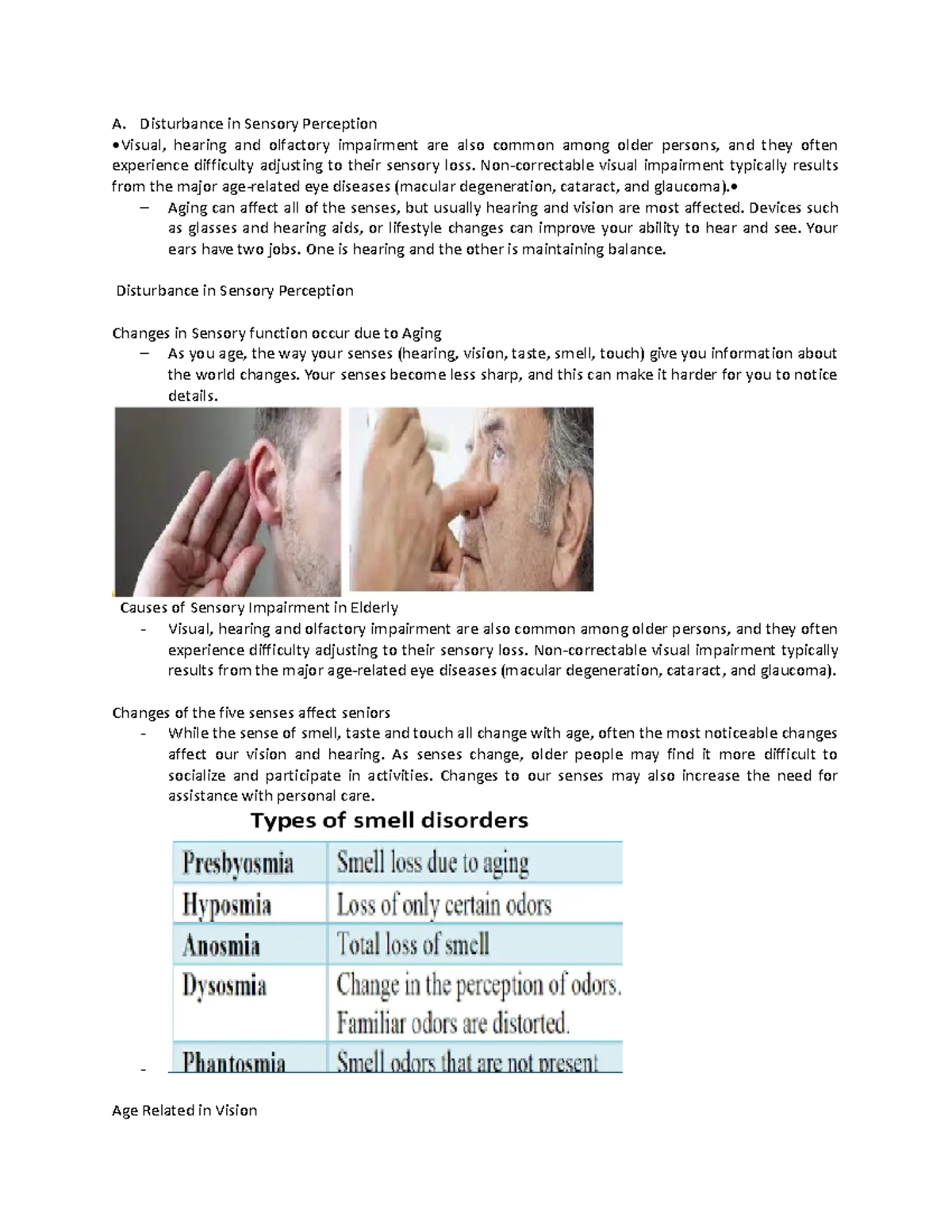 Nursing care in chronic illness - A. Disturbance in Sensory Perception ...