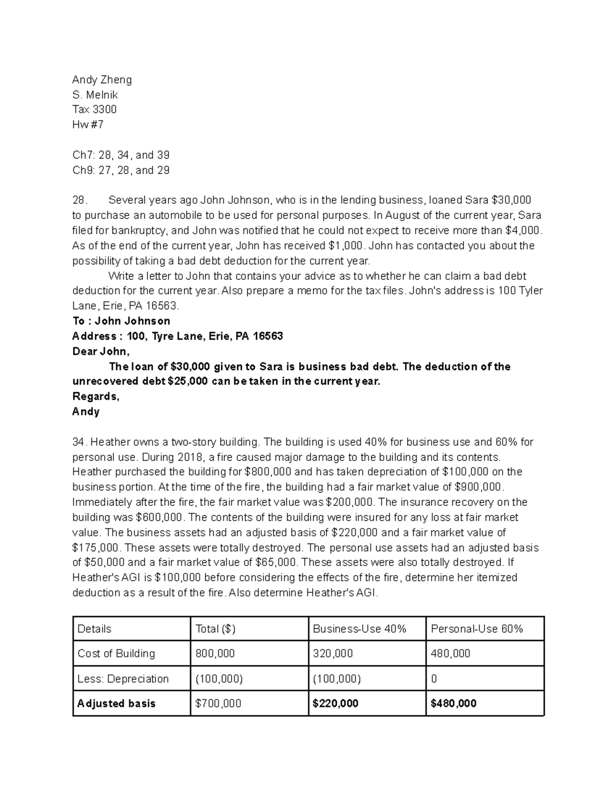 Melnik HW - homework - Andy Zheng S. Melnik Tax 3300 Hw # Ch7: 28, 34 ...