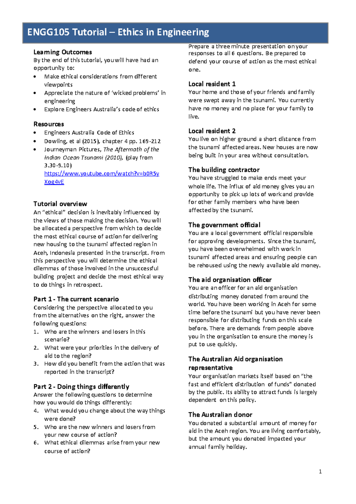 ENGG105 Tutorial wk04 Ethics in Engineering - 1 Learning Outcomes By ...