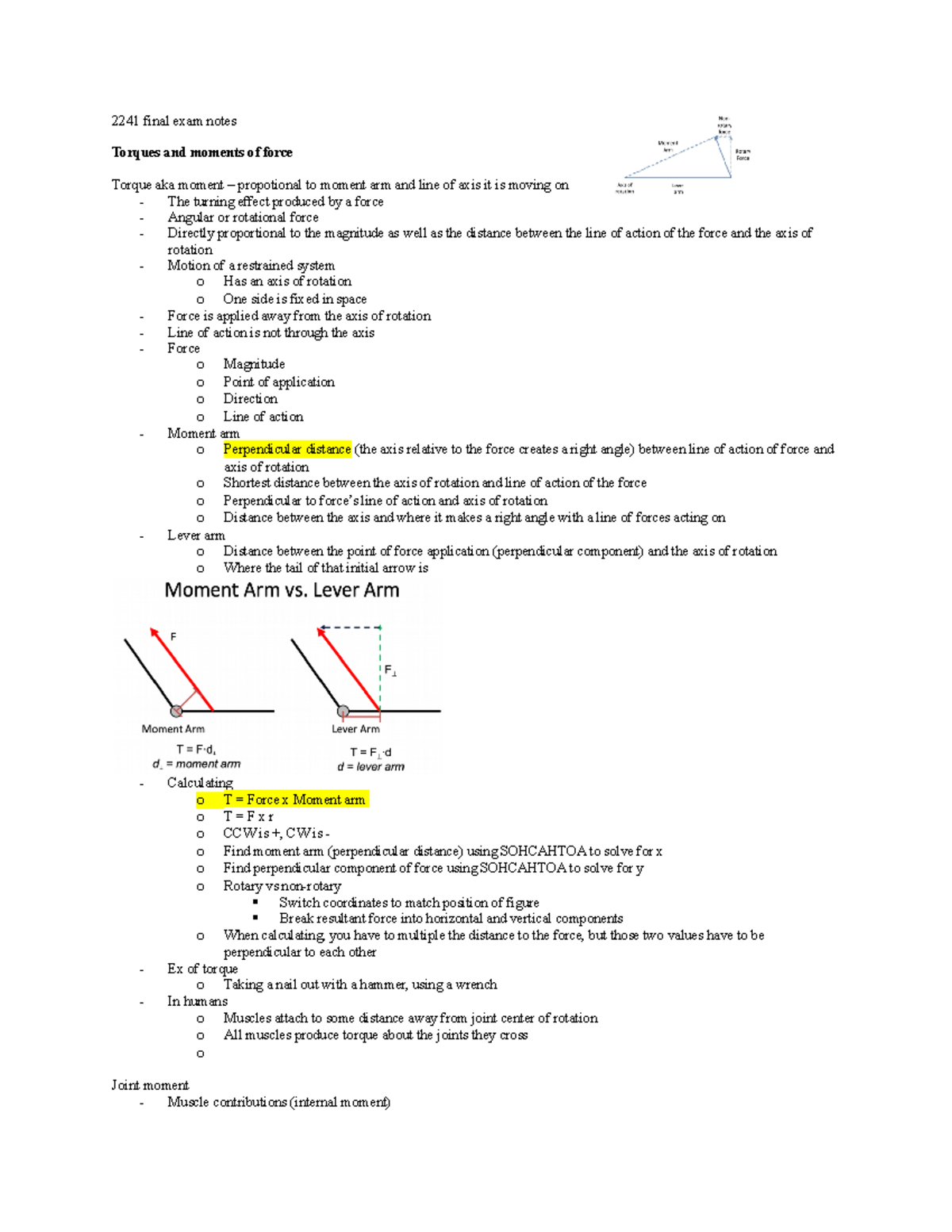 biomechanics final exam notes - 2241 final exam notes Torques and ...