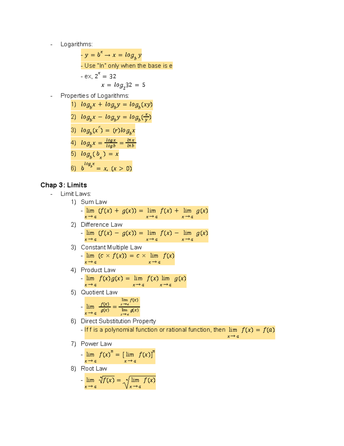 Calculus Exam Notes - chap 3 review - Logarithms: - 𝑦 = 𝑏 → 𝑥 𝑥 = 𝑙𝑜𝑔𝑏 ...