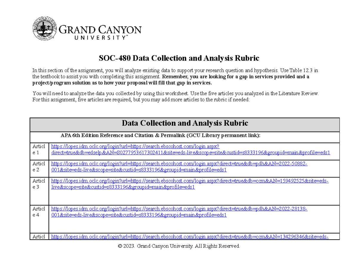 SOC-480.T7.Data Collectionand Analysis Rubric 7 homework - SOC-480 Data ...