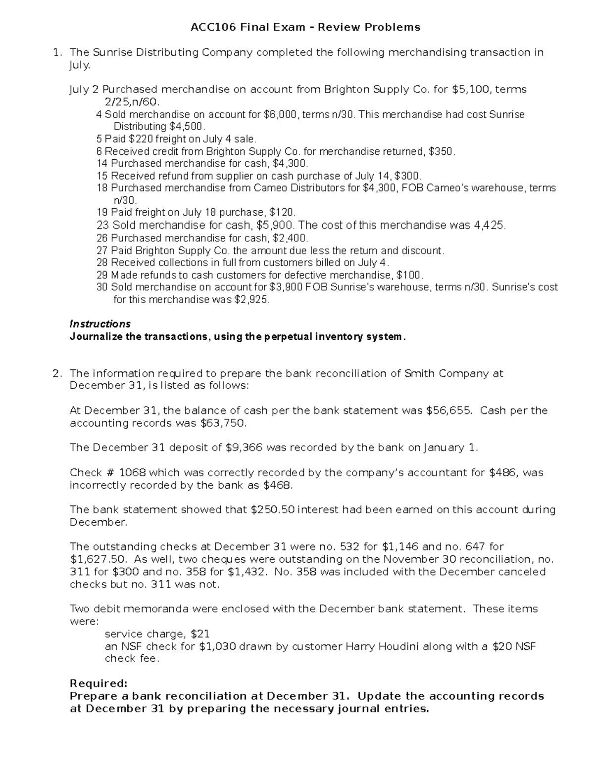 ACC106 Final Review 2018 3 - ACC106 Final Exam - Review Problems The ...