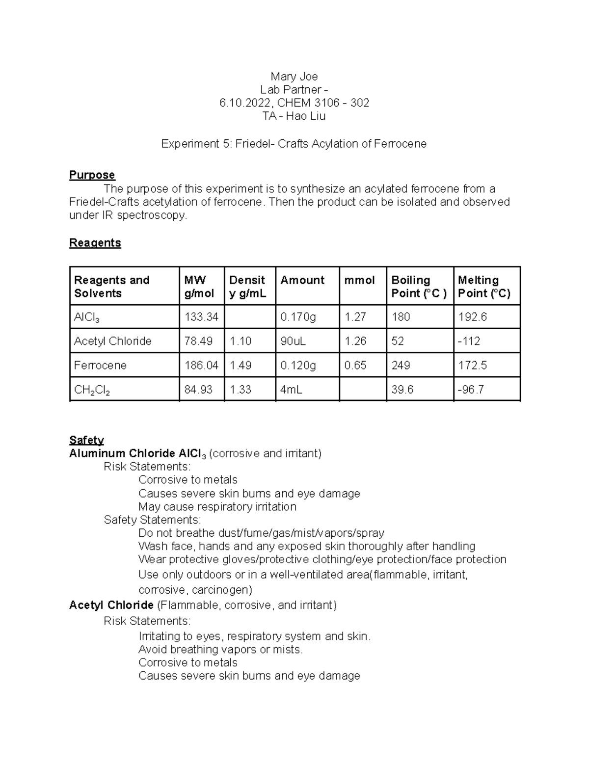 Experiment 5 Chem 3106 - Mary Joe Lab Partner - 6.10, CHEM 3106 - 302 ...