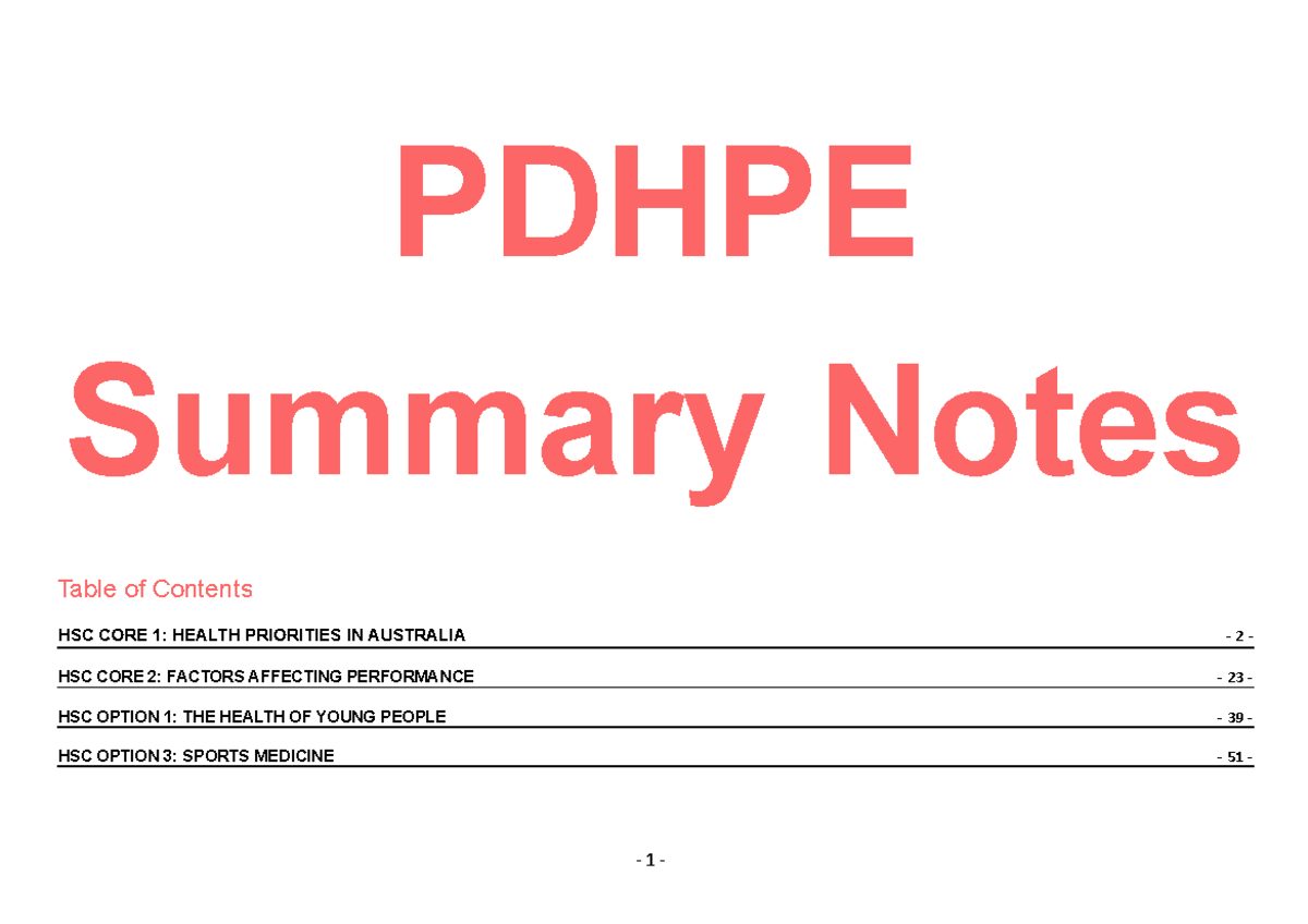 Pdhpe summary notes - Practice sheet - PDHPE Summary Notes Table of ...