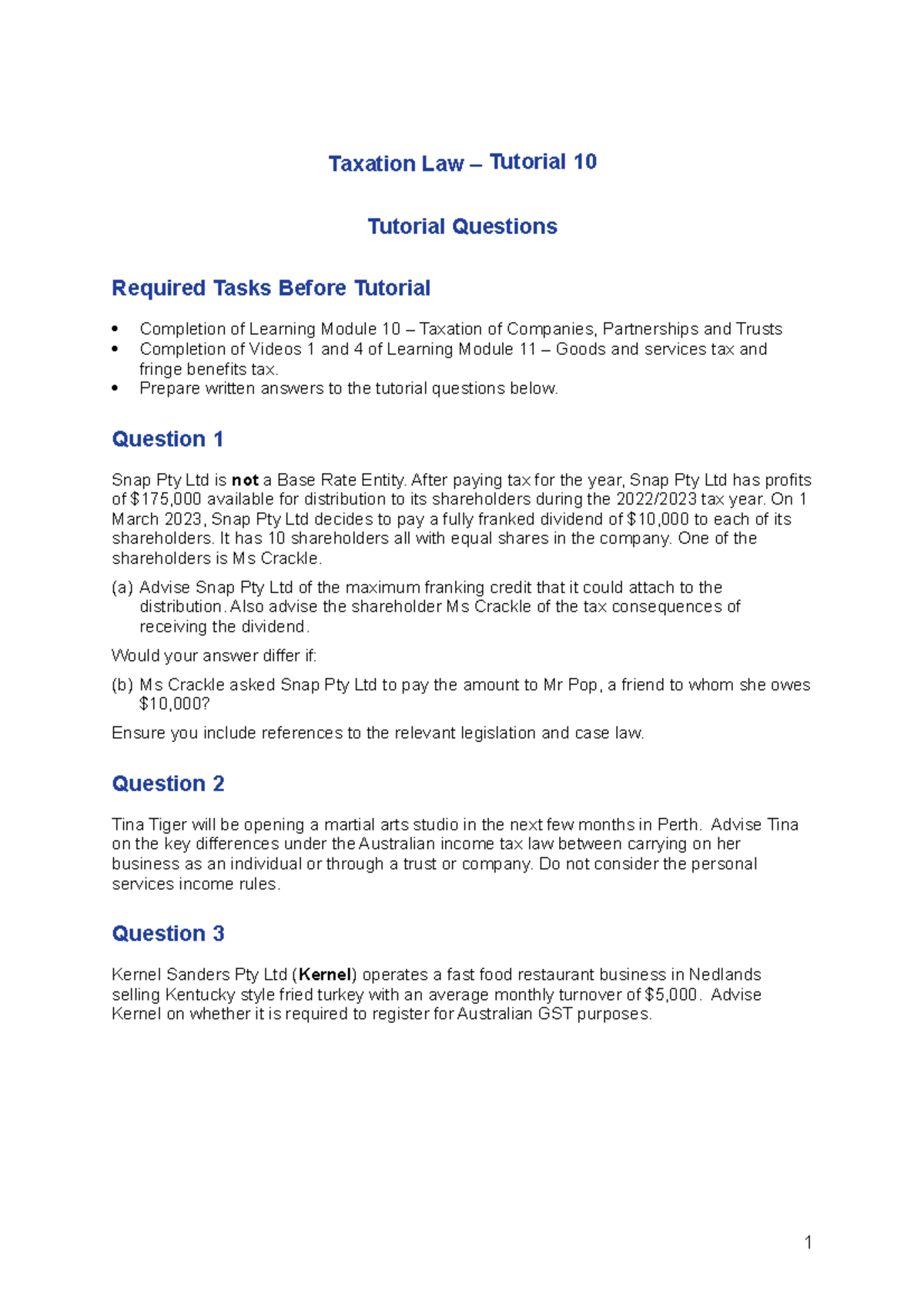 Tutorial 10 - Tutorial Questions - Taxation Law – Tutorial 10 Tutorial Questions Required Tasks ...