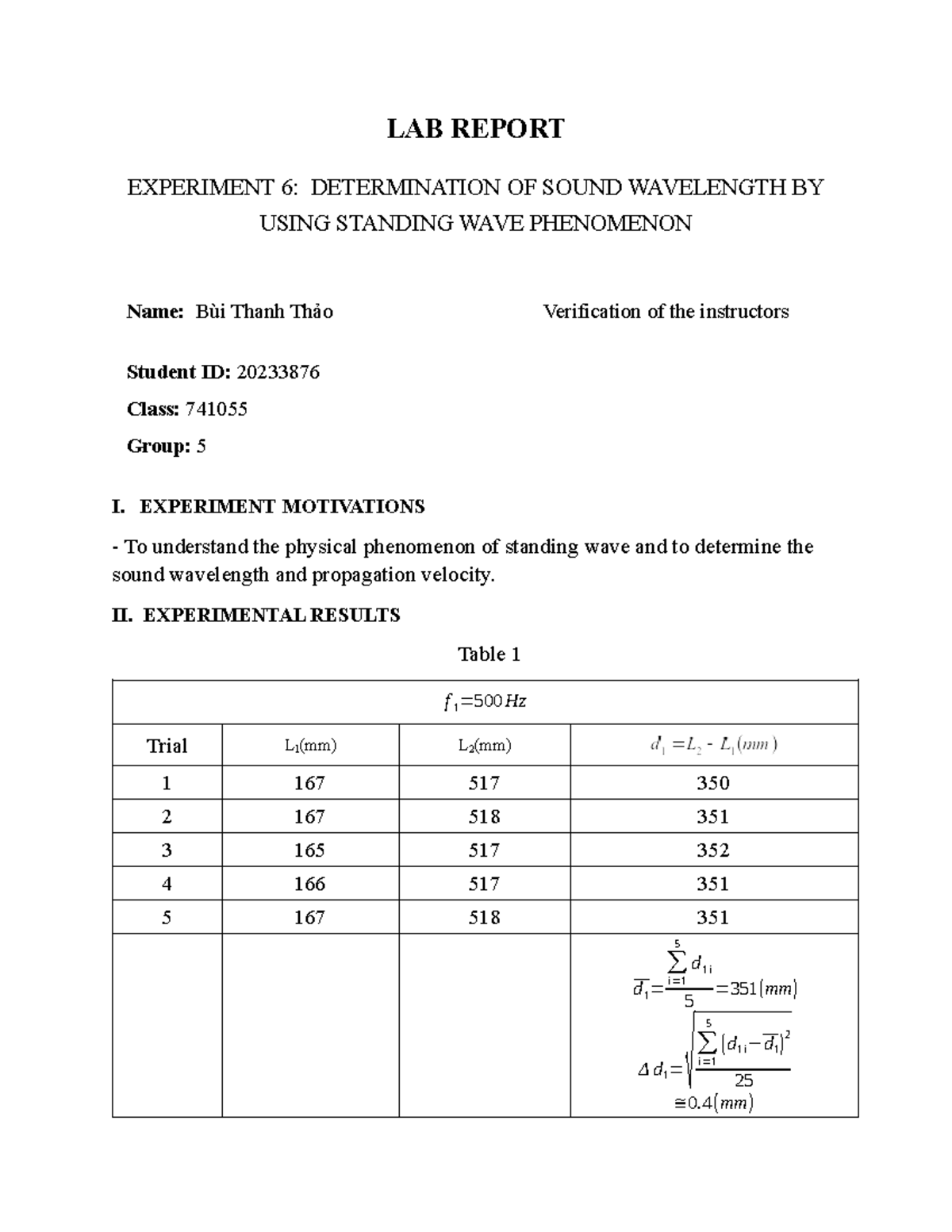 LAB Report 6 - LAB REPORT EXPERIMENT 6: DETERMINATION OF SOUND ...