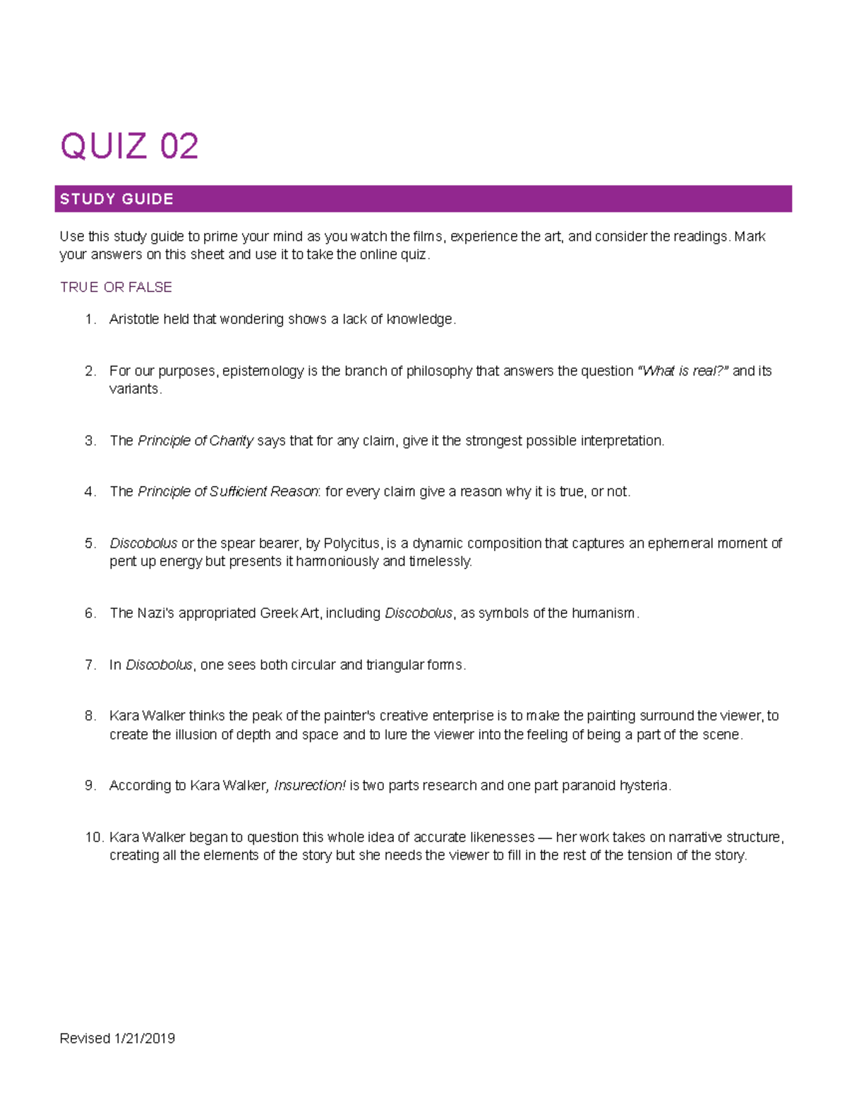 Study Guide for Quiz 2 - QUIZ 02 STUDY GUIDE Use this study guide to ...