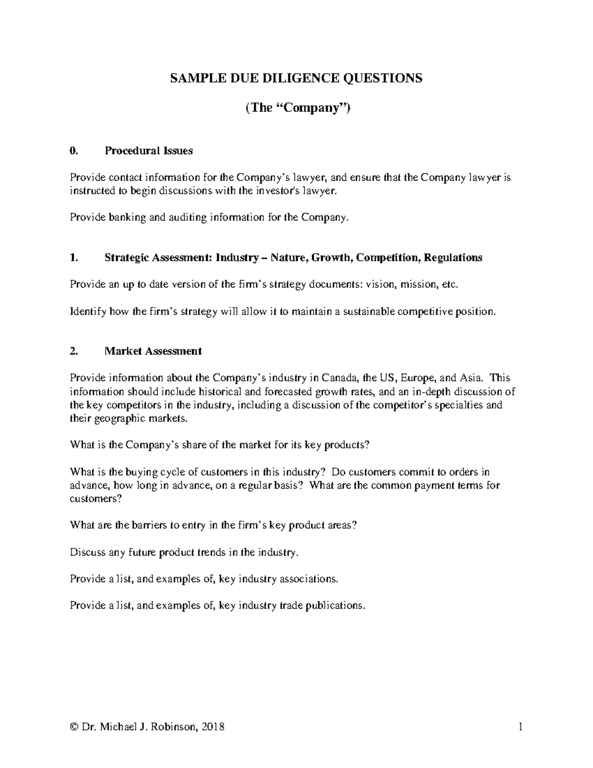 Sample Due Diligence Questions - SAMPLE DUE DILIGENCE QUESTIONS (The 0 ...