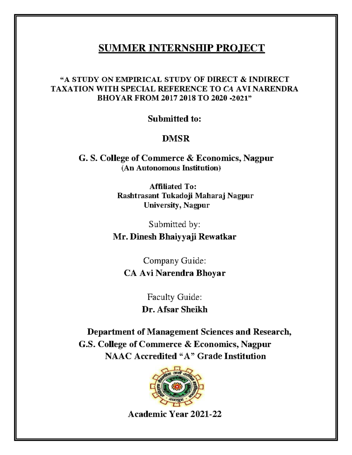 Summer intership sample 1 - SUMMER INTERNSHIP PROJECT “A STUDY ON ...